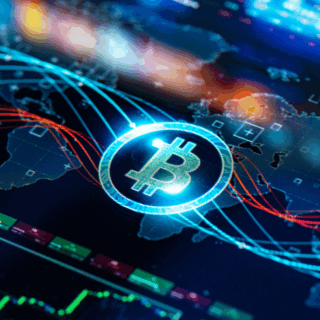 A colorful graphic with the Bitcoin logo